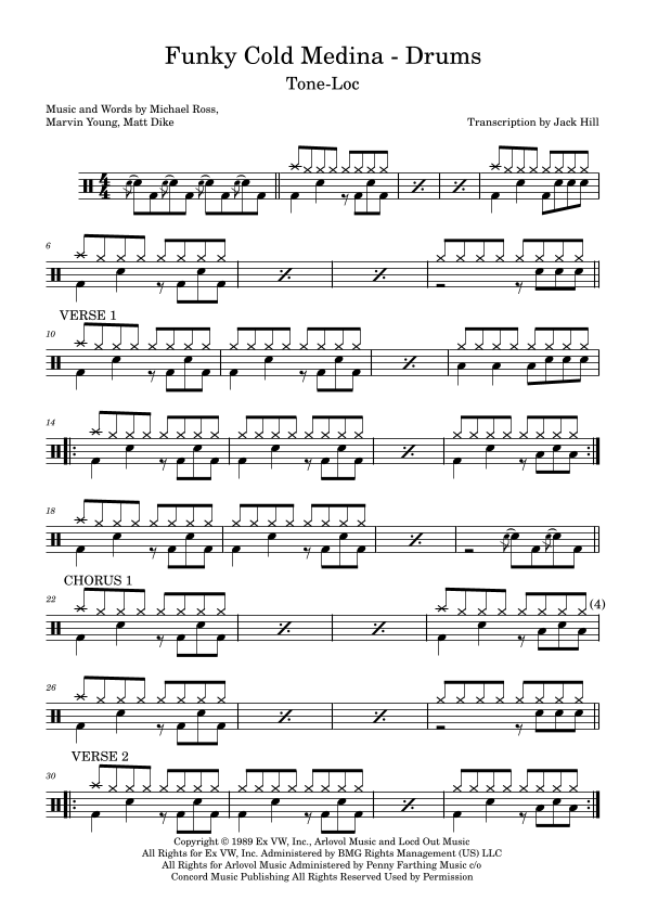 Funky Cold Medina - Tone Loc - Drum Sheet Music - SheetMusicDirect.com ...