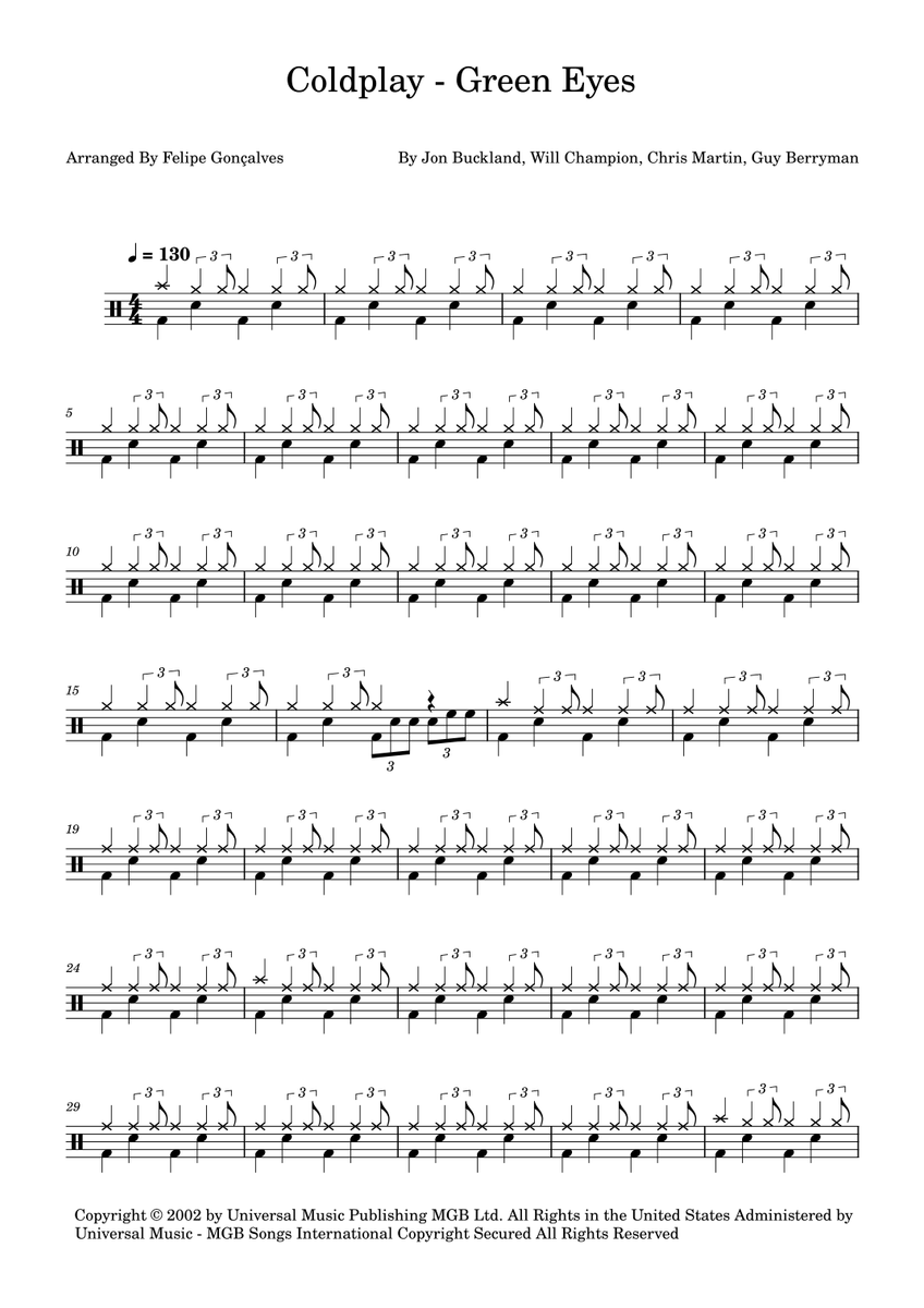 Green Eyes - Coldplay - Drum Sheet Music - SheetMusicDirect.com (Felipe ...