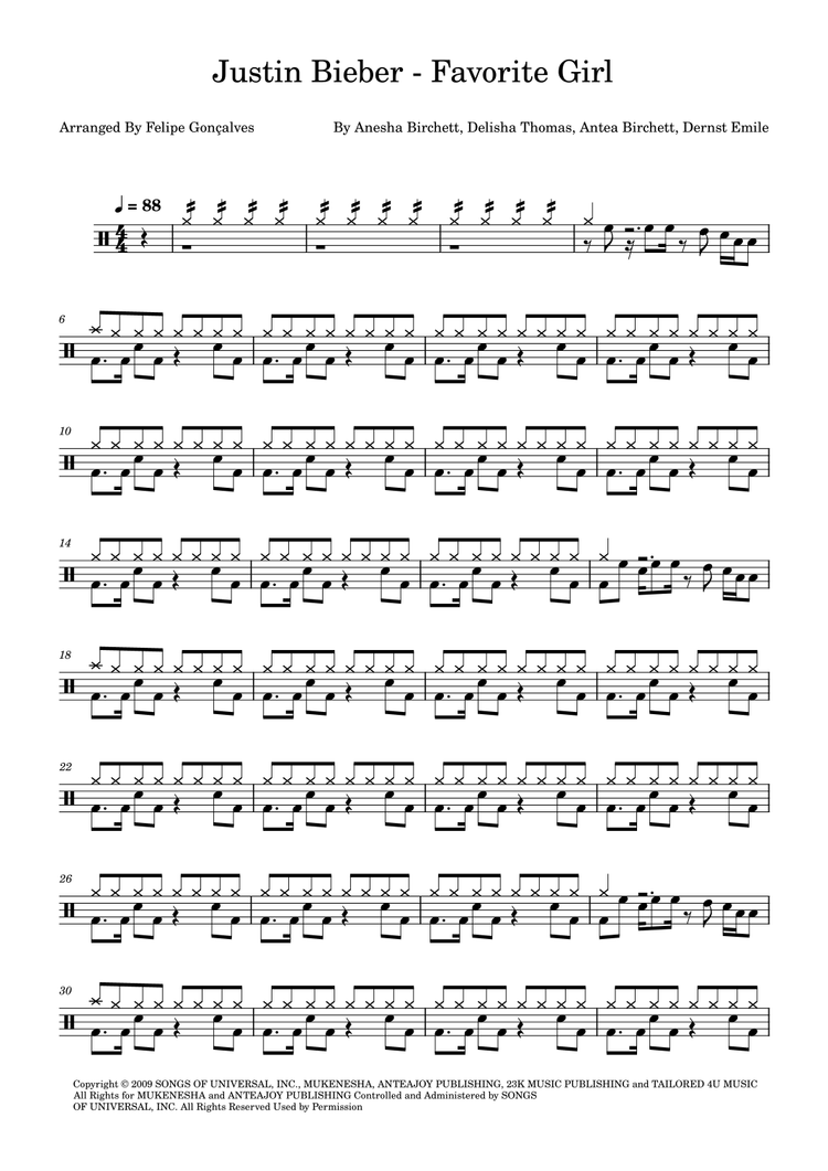 Favorite Girl - Justin Bieber - Drum Sheet Music - SheetMusicDirect.com ...