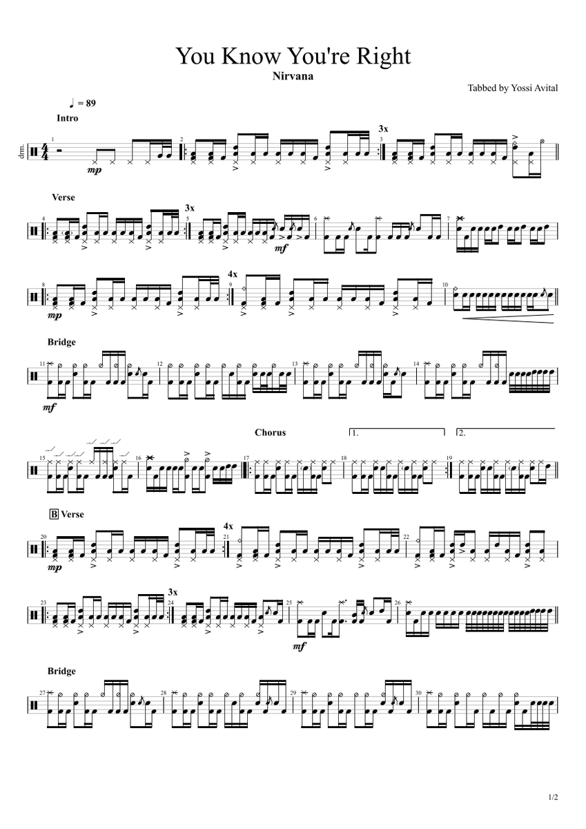 You Know You're Right - Nirvana - Drum Sheet Music - SheetMusicDirect ...