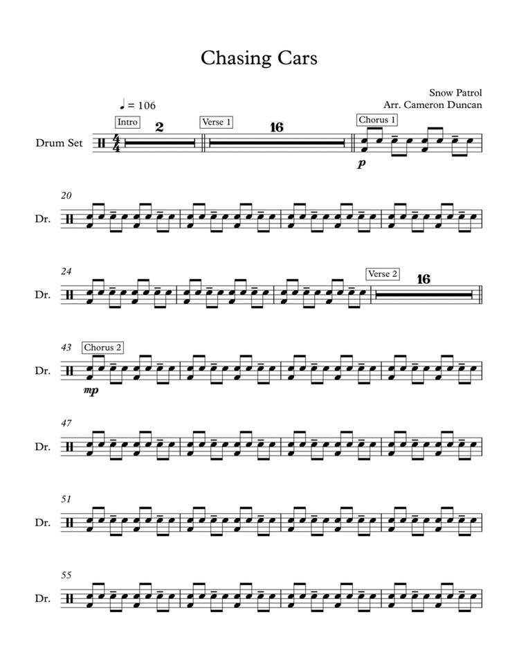 Chasing Cars - Snow Patrol - Drum Sheet Music - SheetMusicDirect.com ...