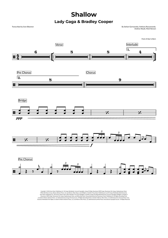 Shallow - Lady Gaga & Bradley Cooper - Drum Sheet Music ...