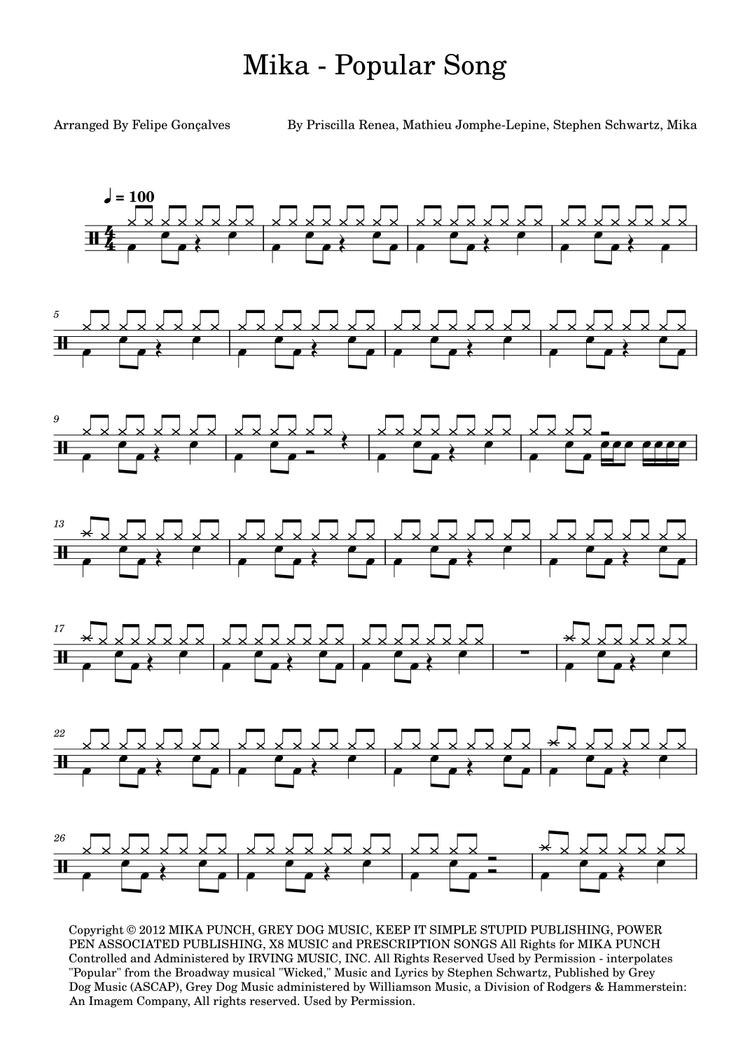 Popular Song (feat. Ariana Grande) - Mika - Drum Sheet Music ...