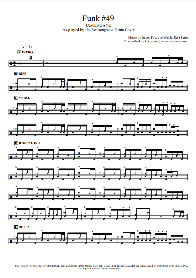 Funk #49 - James Gang - Drum Sheet Music - Realsongbook – DrumSetSheetMusic