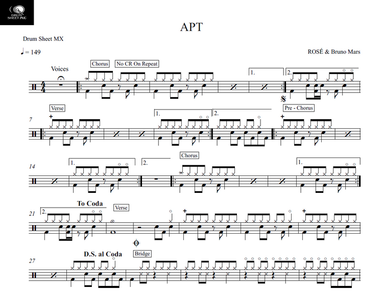 Apt. (feat. Bruno Mars) - Rosé - Drum Sheet Music - Drum Sheet MX ...