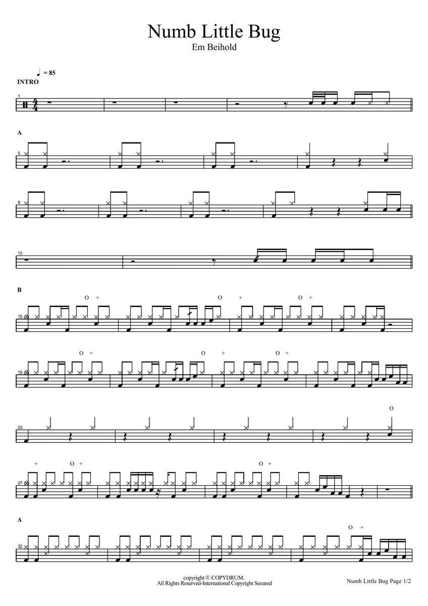 Numb Little Bug - Em Beihold - Full Drum Transcription / Drum Sheet Mu ...