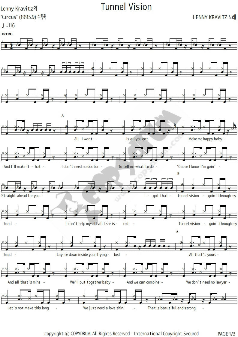 Tunnel Vision - Lenny Kravitz - Drum Sheet Music - COPYDRUM ...