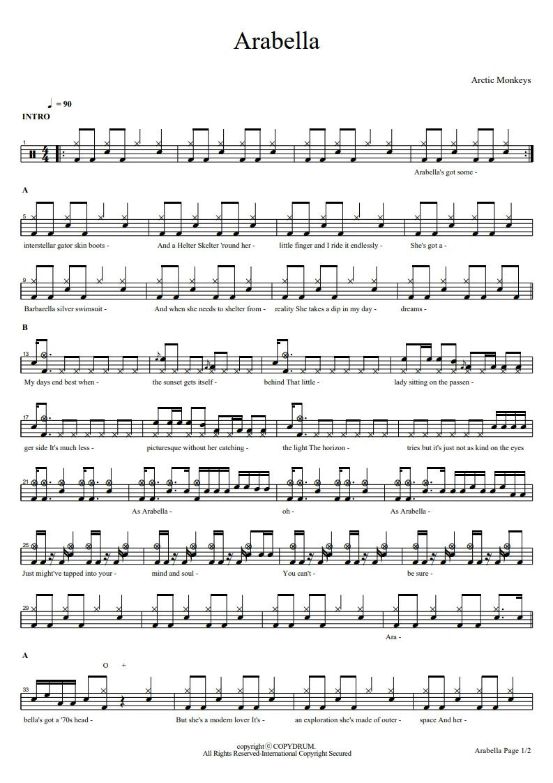 Arabella - Arctic Monkeys - Drum Sheet Music - COPYDRUM – DrumSetSheetMusic