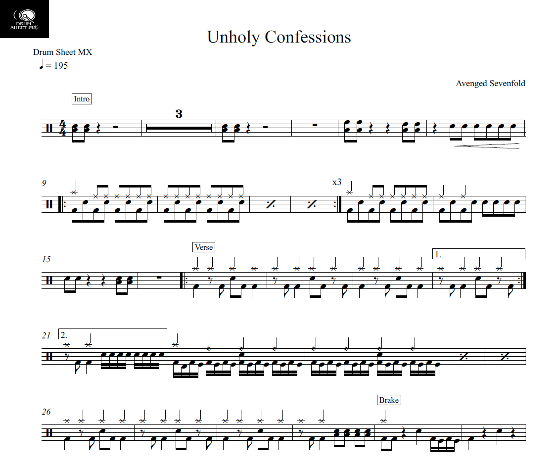 Unholy Confessions - Avenged Sevenfold - Drum Sheet Music - Drum Sheet ...