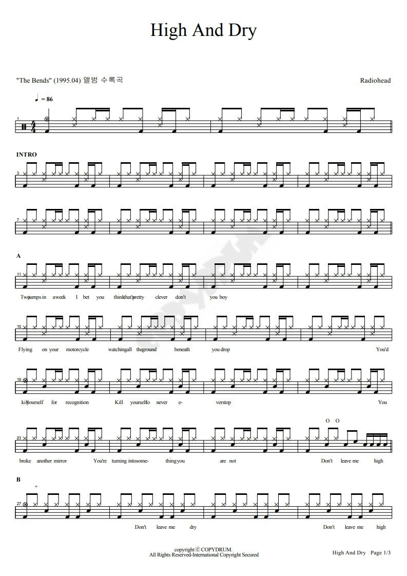 High and Dry - Radiohead - Drum Sheet Music - COPYDRUM – DrumSetSheetMusic
