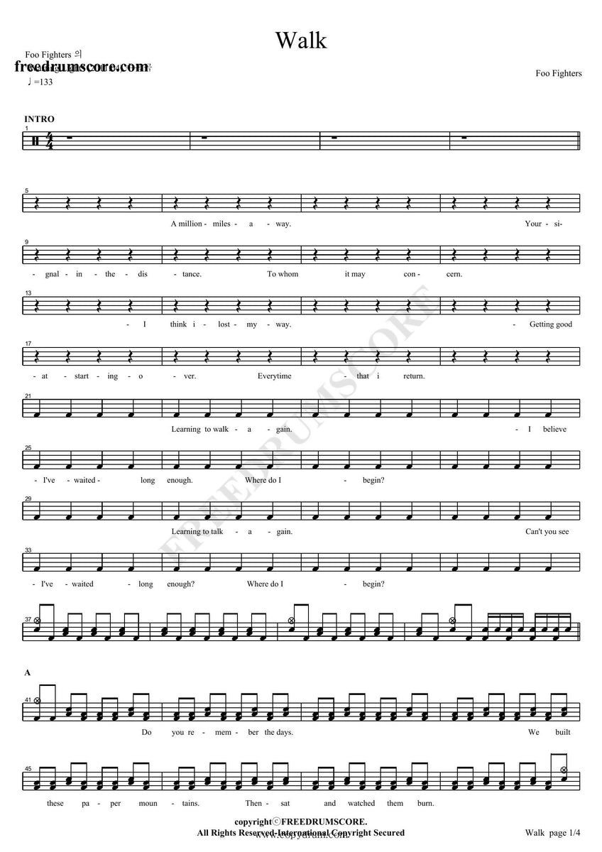 Walk - Foo Fighters - Drum Sheet Music - COPYDRUM – DrumSetSheetMusic