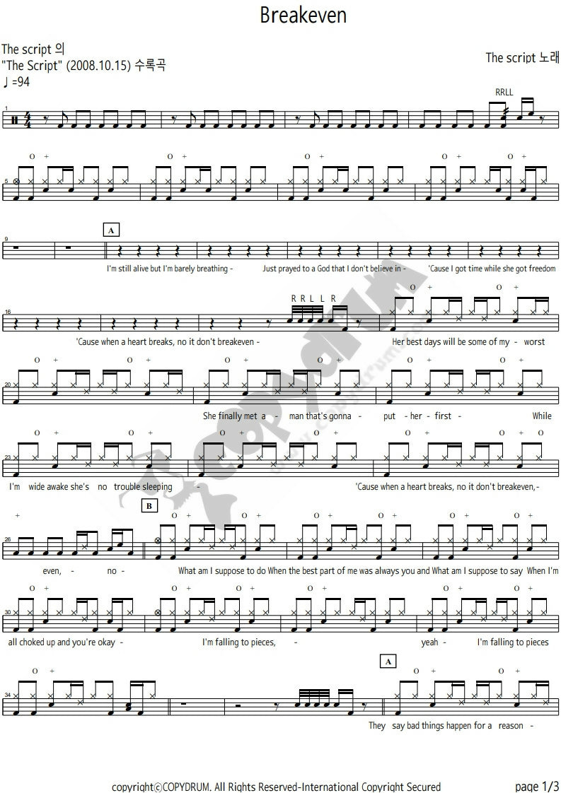Breakeven - The Script - Drum Sheet Music - COPYDRUM – DrumSetSheetMusic
