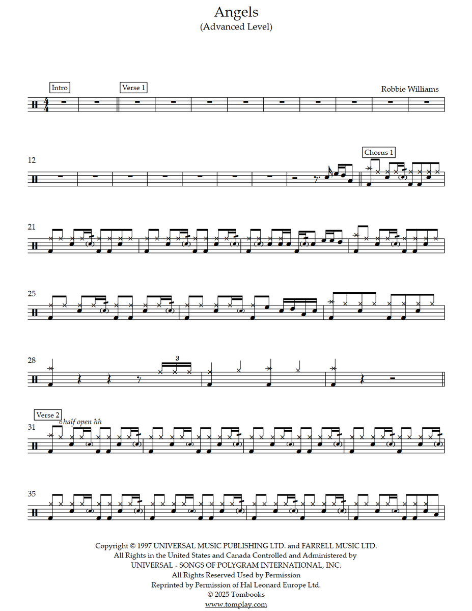 Angels - Robbie Williams - Drum Sheet Music - TomPlay.com (Advanced ...