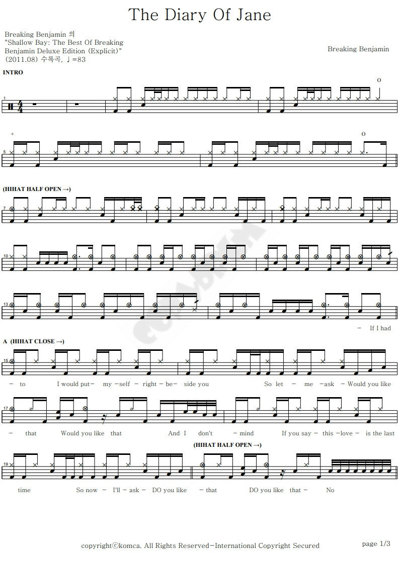 The Diary of Jane - Breaking Benjamin - Drum Sheet Music - COPYDRUM ...