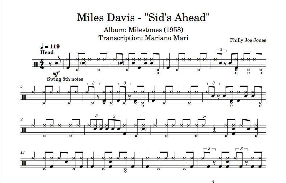 Sid's Ahead - Miles Davis - Drum Sheet Music - Mari_DrumTranscriptions ...