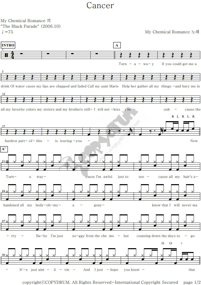 Cancer - My Chemical Romance - Drum Sheet Music - COPYDRUM ...