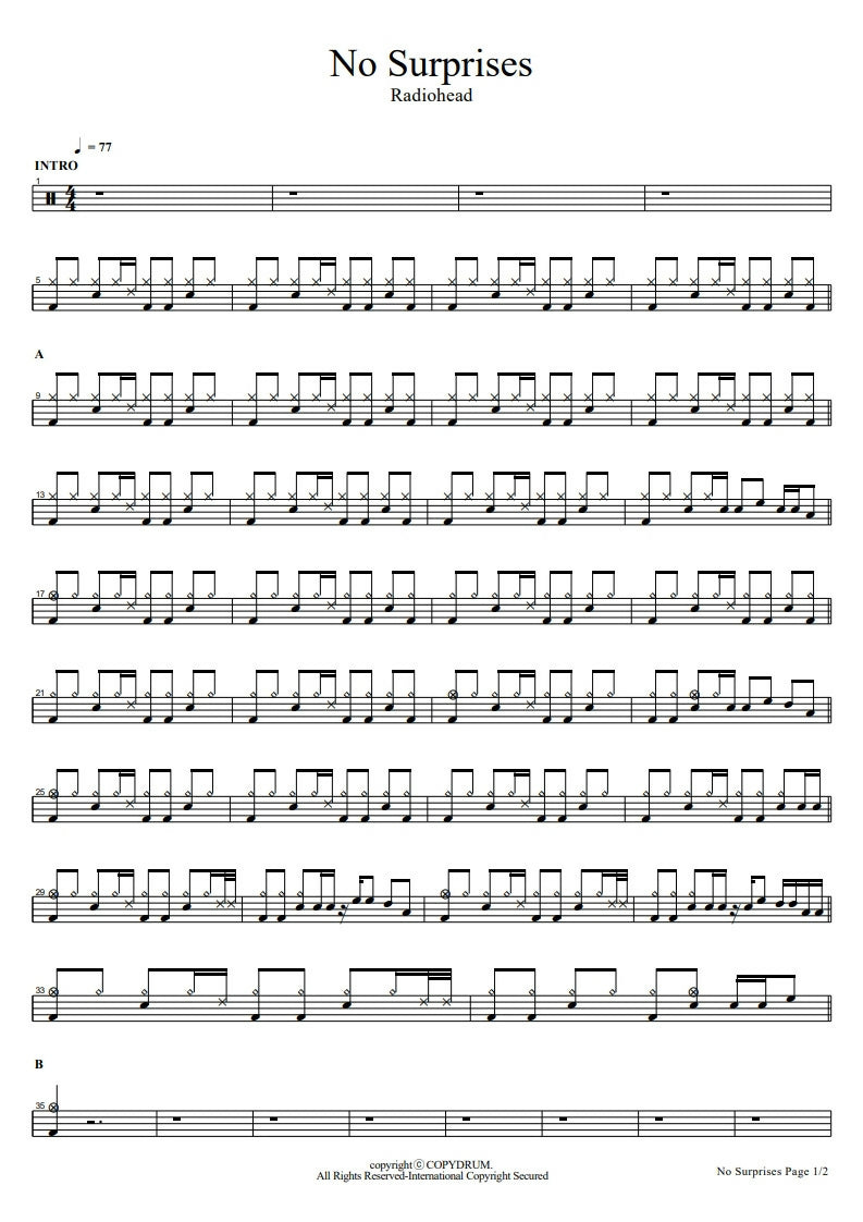 No Surprises - Radiohead - Drum Sheet Music - COPYDRUM – DrumSetSheetMusic