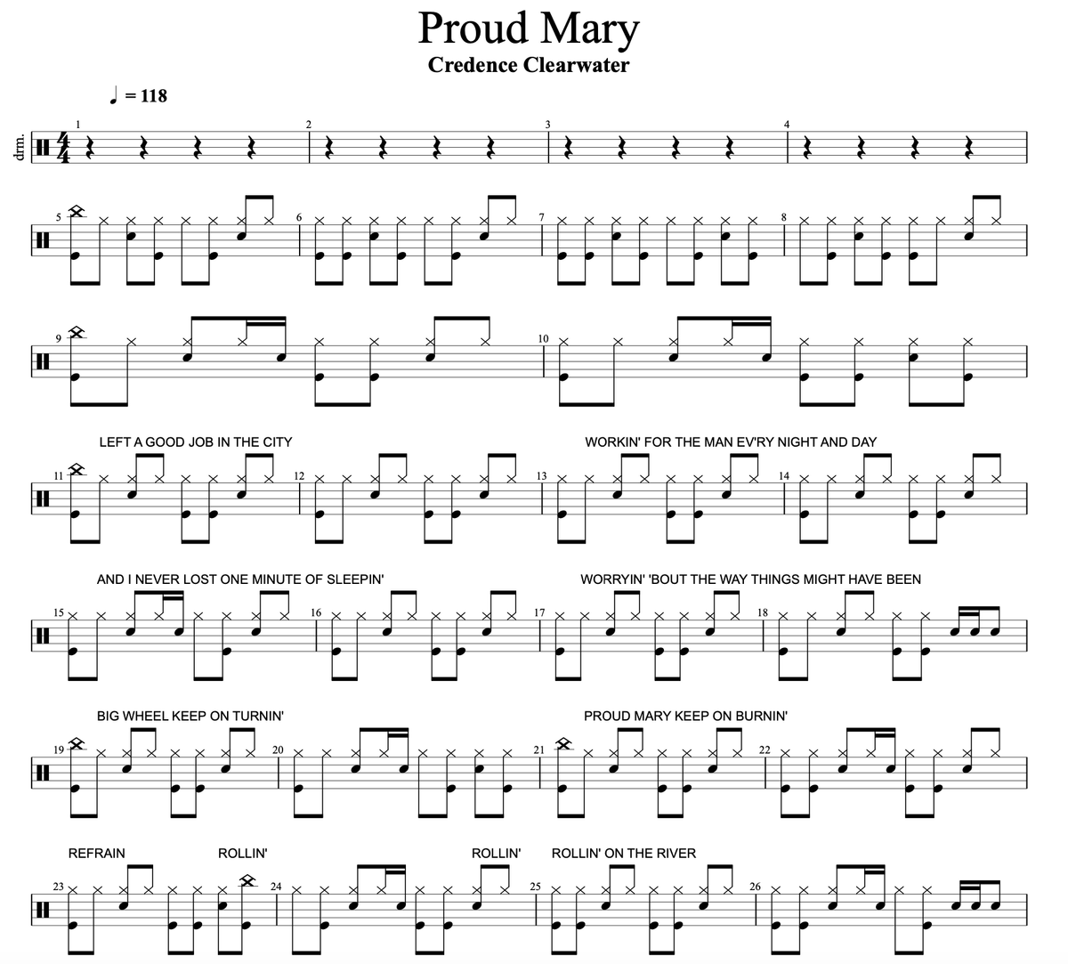 Proud Mary - Creedence Clearwater Revival (CCR) - Drum Sheet Music ...