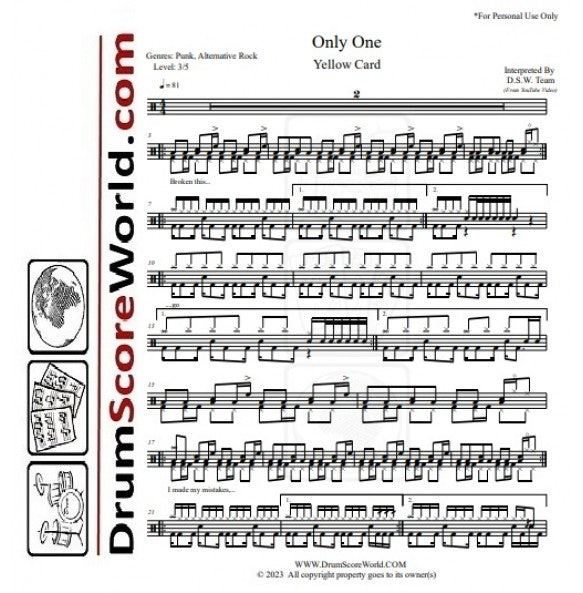 Only One - Yellowcard - Drum Sheet Music - DrumScoreWorld.com ...