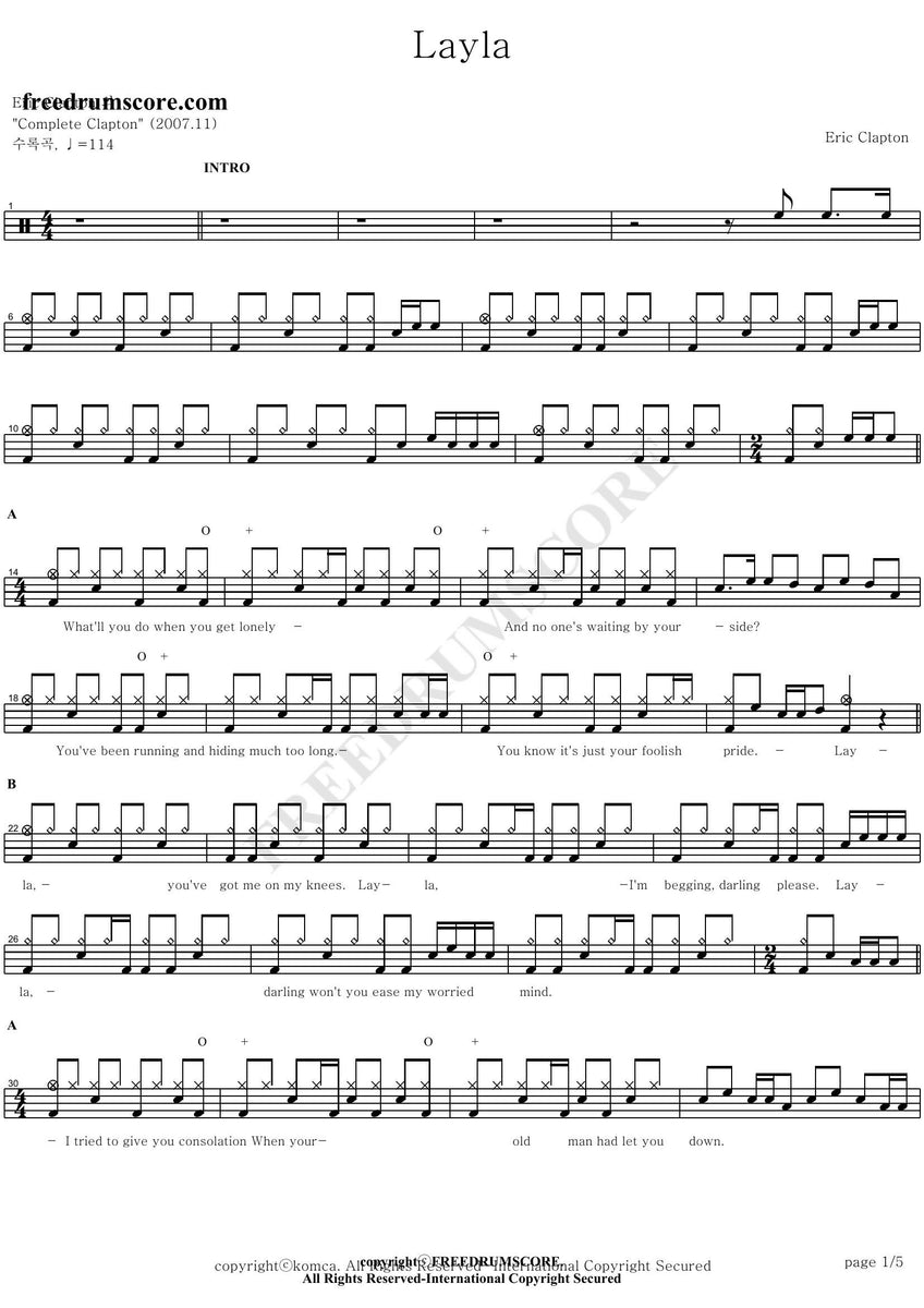 Layla - Eric Clapton - Drum Sheet Music - COPYDRUM – DrumSetSheetMusic