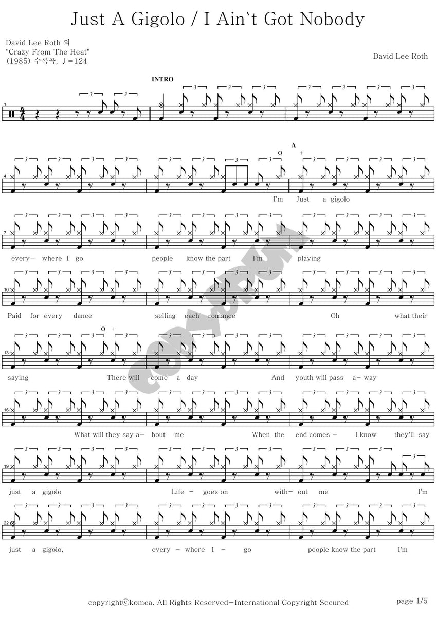 Just a Gigolo / I Ain't Got Nobody - David Lee Roth - Drum Sheet Music ...