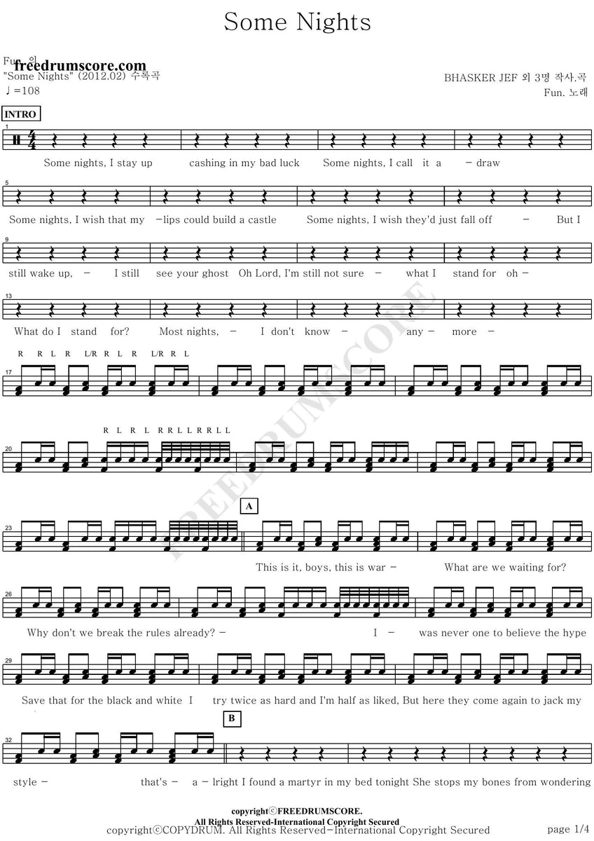 Some Nights - Fun - Drum Sheet Music - COPYDRUM – DrumSetSheetMusic