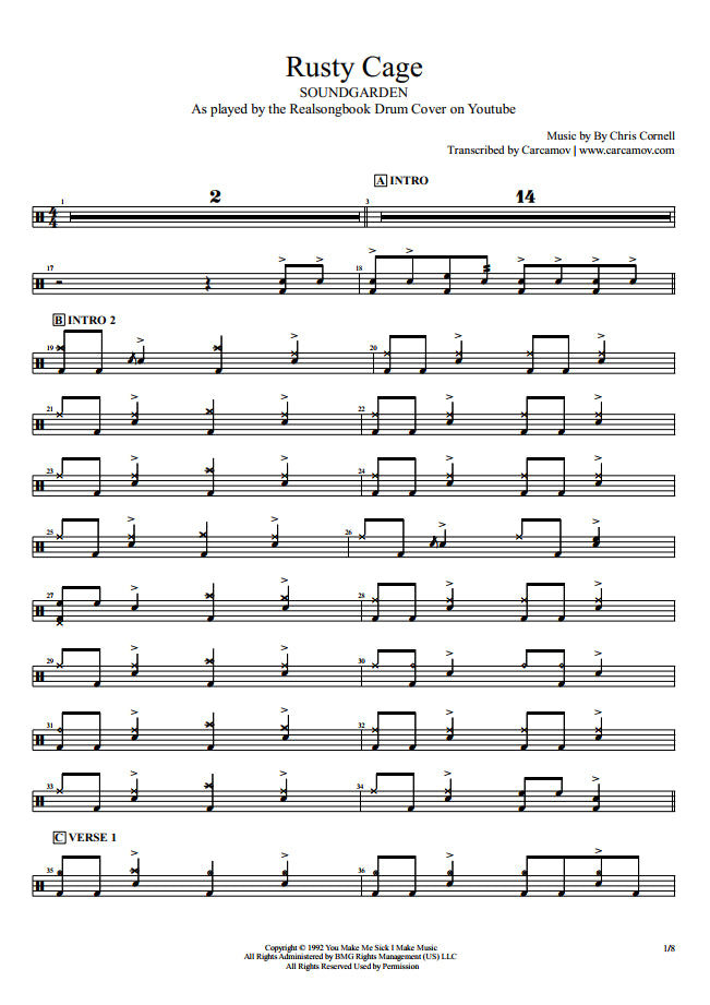 Rusty Cage - Soundgarden - Drum Sheet Music - Realsongbook ...