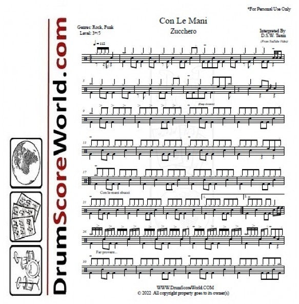 Con Le Mani - Zucchero - Drum Sheet Music - DrumScoreWorld.com ...