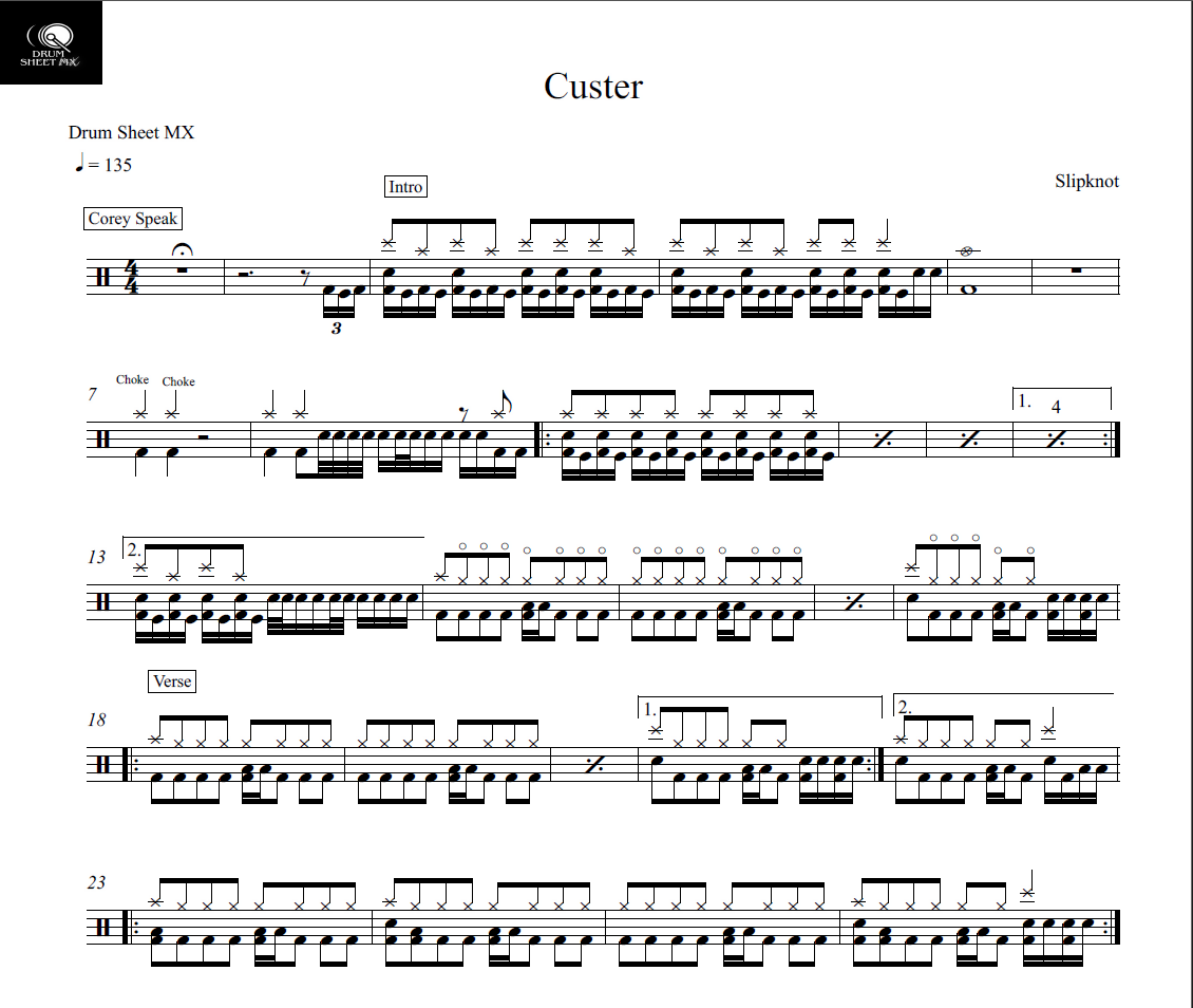 Custer - Slipknot - Drum Sheet Music - Drum Sheet MX – DrumSetSheetMusic