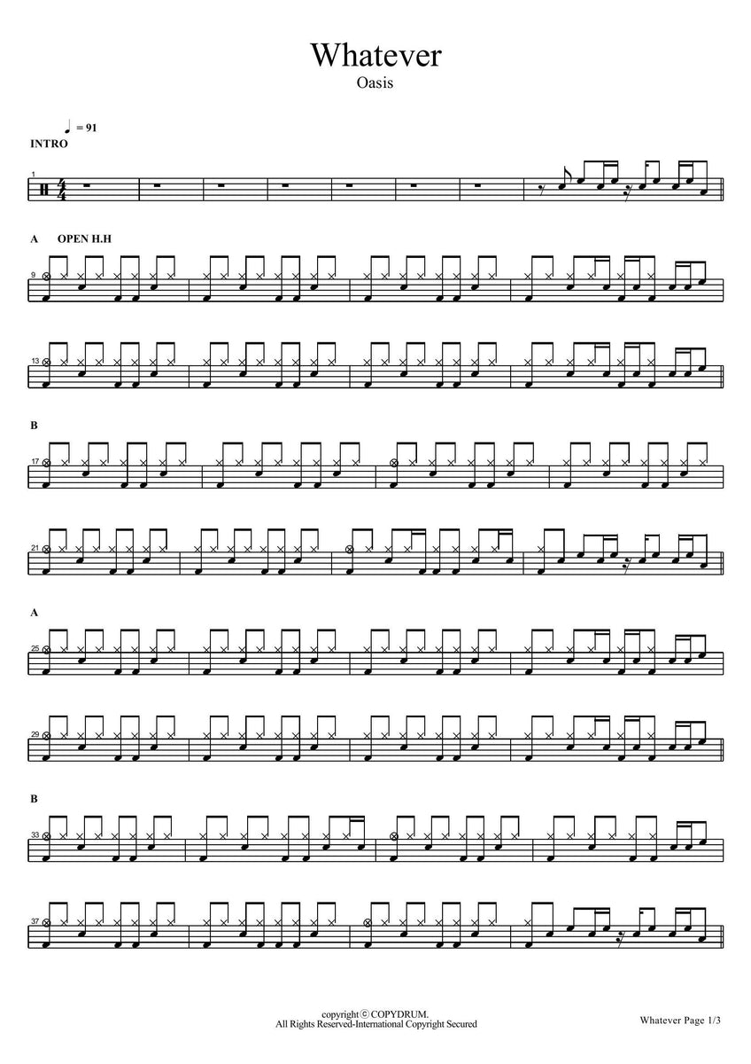 Whatever - Oasis - Full Drum Transcription / Drum Sheet Music - COPYDR ...