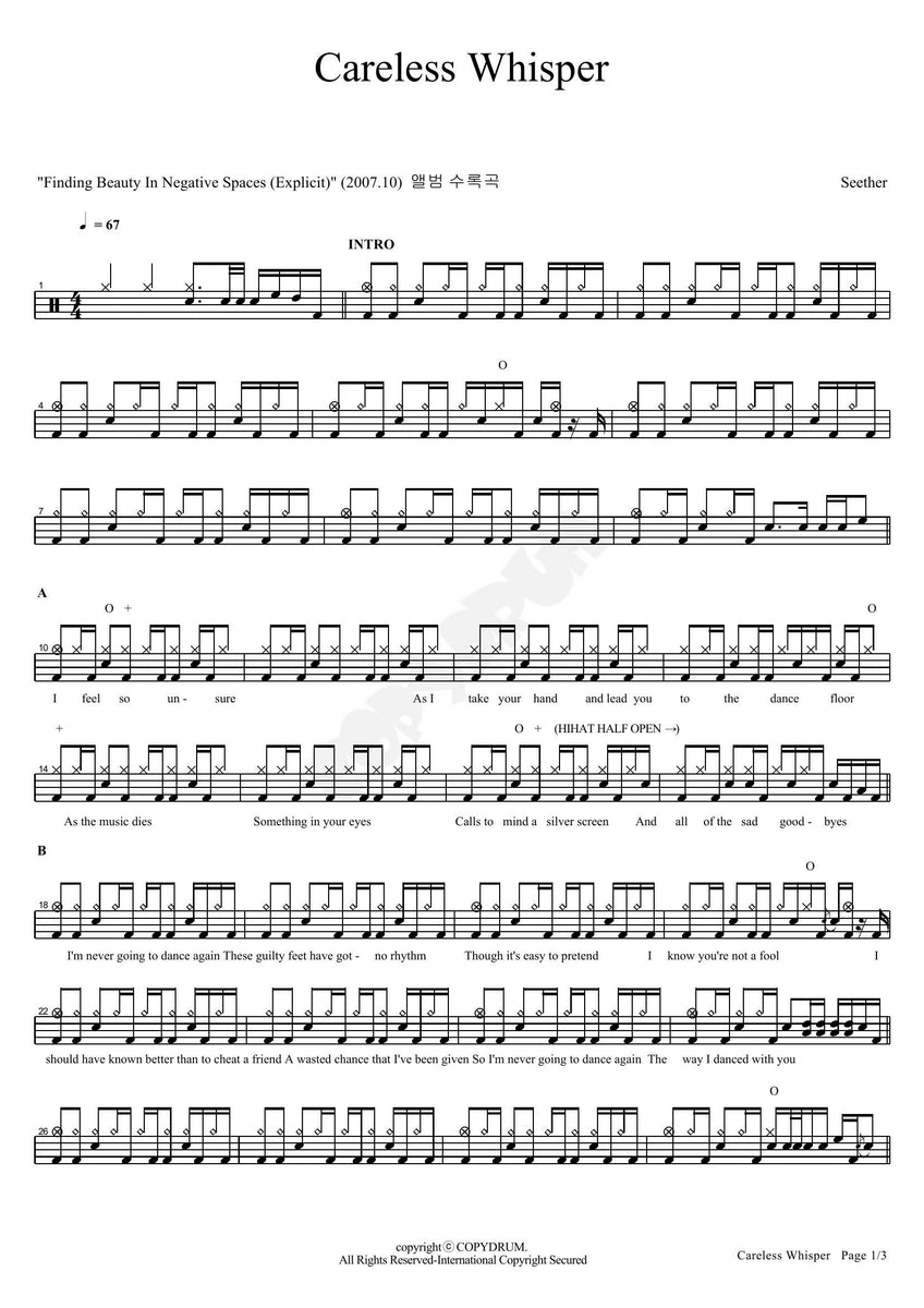 Careless Whisper - Seether - Full Drum Transcription / Drum Sheet Musi ...