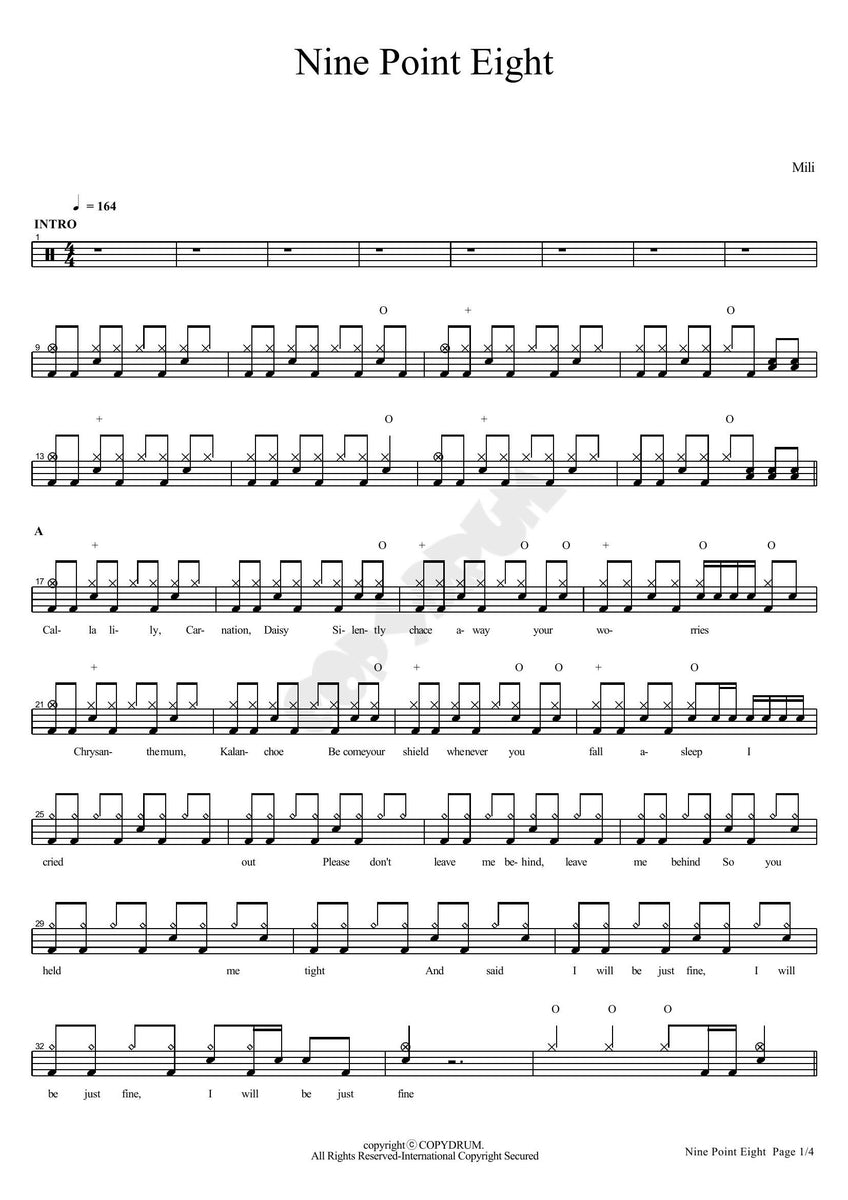 Nine Point Eight (Mark Pacpaco Drum Cover) - Mili - Drum Sheet Music ...