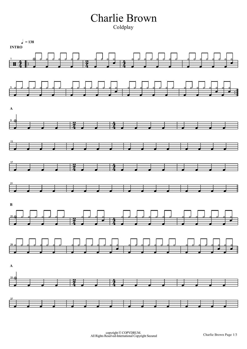 Charlie Brown - Coldplay - Full Drum Transcription / Drum Sheet Music ...