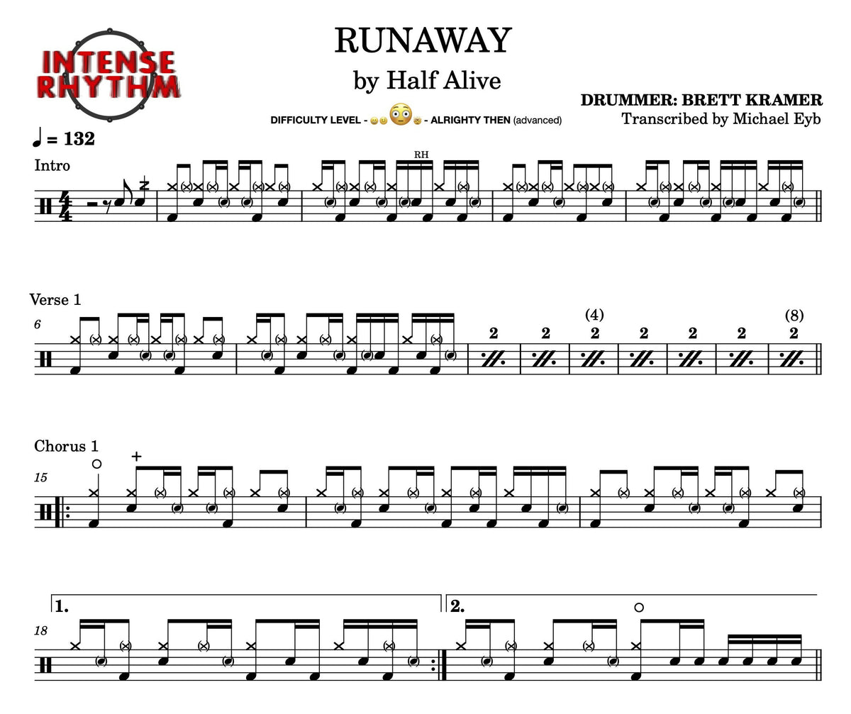 Runaway - Half Alive - Drum Sheet Music - Intense Rhythm Drum Studios ...