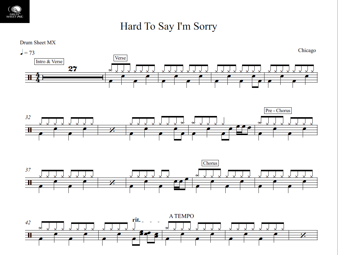 Hard to Say I'm Sorry - Chicago - Drum Sheet Music - Drum Sheet MX ...