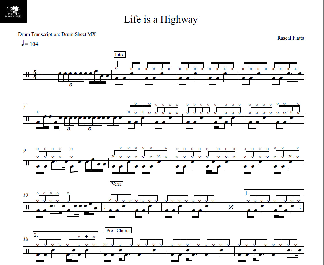Life Is a Highway - Rascal Flatts - Drum Sheet Music - Drum Sheet MX ...
