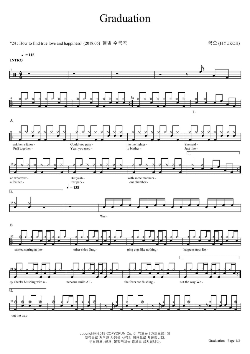 Graduation - 혁오 - Full Drum Transcription / Drum Sheet Music - COPYDRU ...