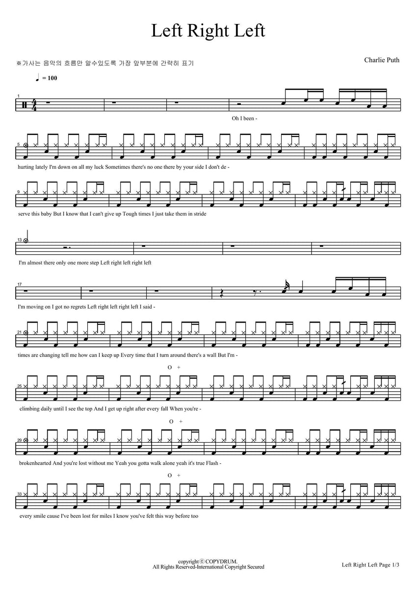 Left Right Left - Charlie Puth - Drum Sheet Music - COPYDRUM ...