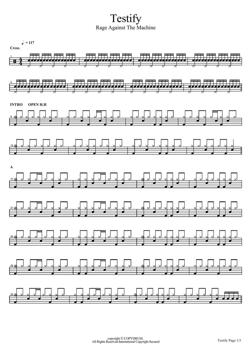 Testify - Rage Against The Machine - Full Drum Transcription / Drum Sh ...