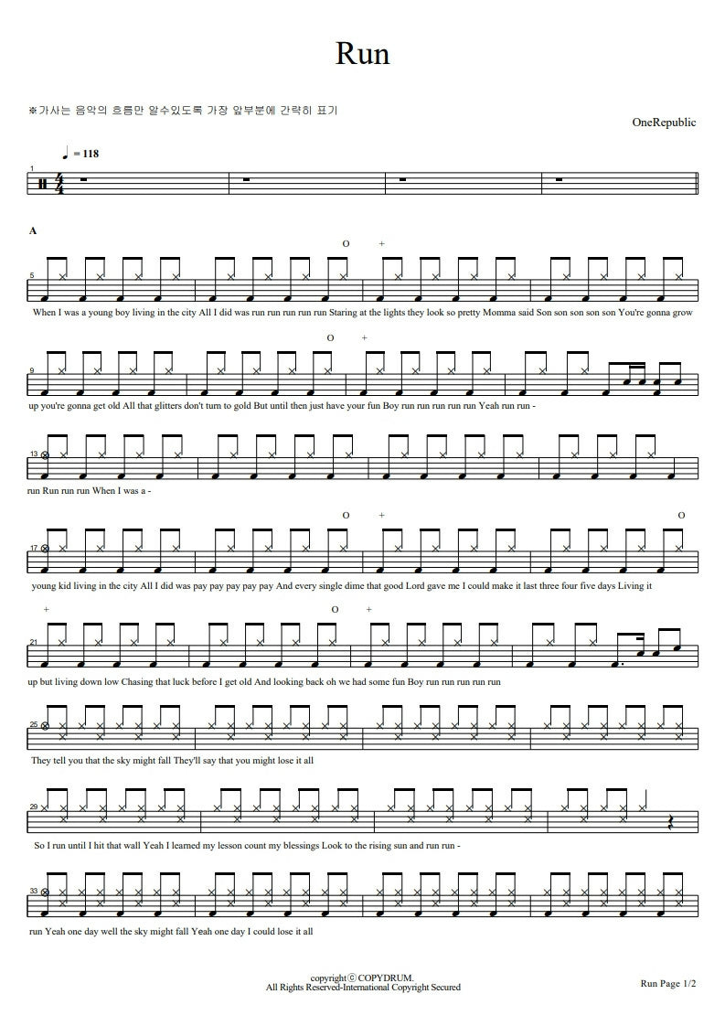 Run - OneRepublic - Drum Sheet Music - COPYDRUM – DrumSetSheetMusic