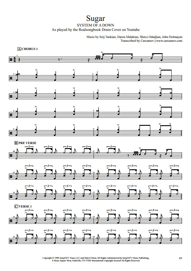 Sugar - System of a Down - Drum Sheet Music - Realsongbook ...