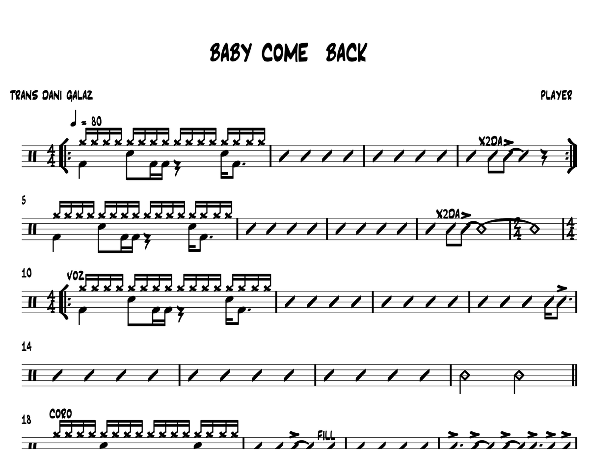 Baby Come Back - Player - Drum Sheet Music - Daniel Galaz ...