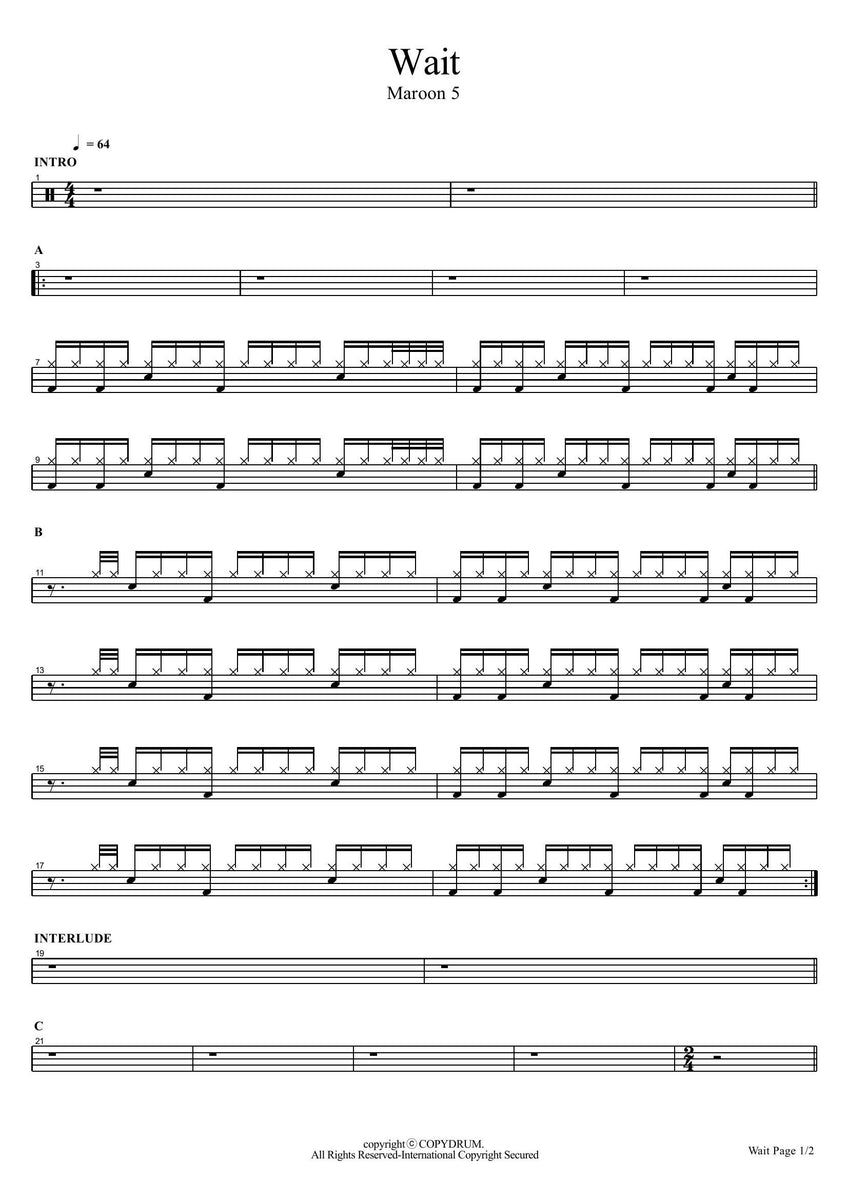 Wait - Maroon 5 - Full Drum Transcription / Drum Sheet Music - COPYDRU ...