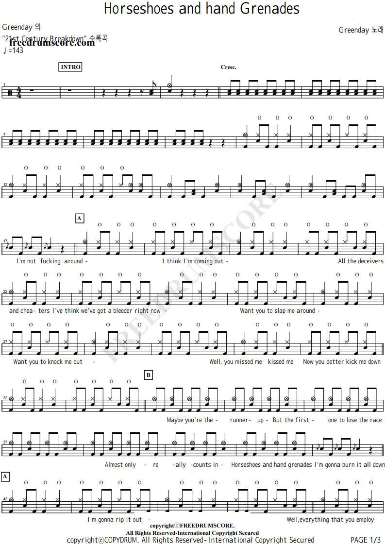 Horseshoes and Handgrenades - Green Day - Drum Sheet Music - COPYDRUM ...