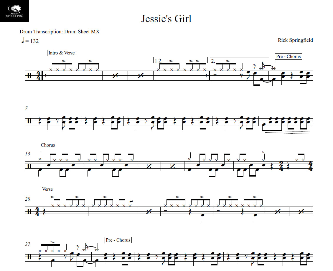 Jessie's Girl - Rick Springfield - Drum Sheet Music - Drum Sheet MX ...