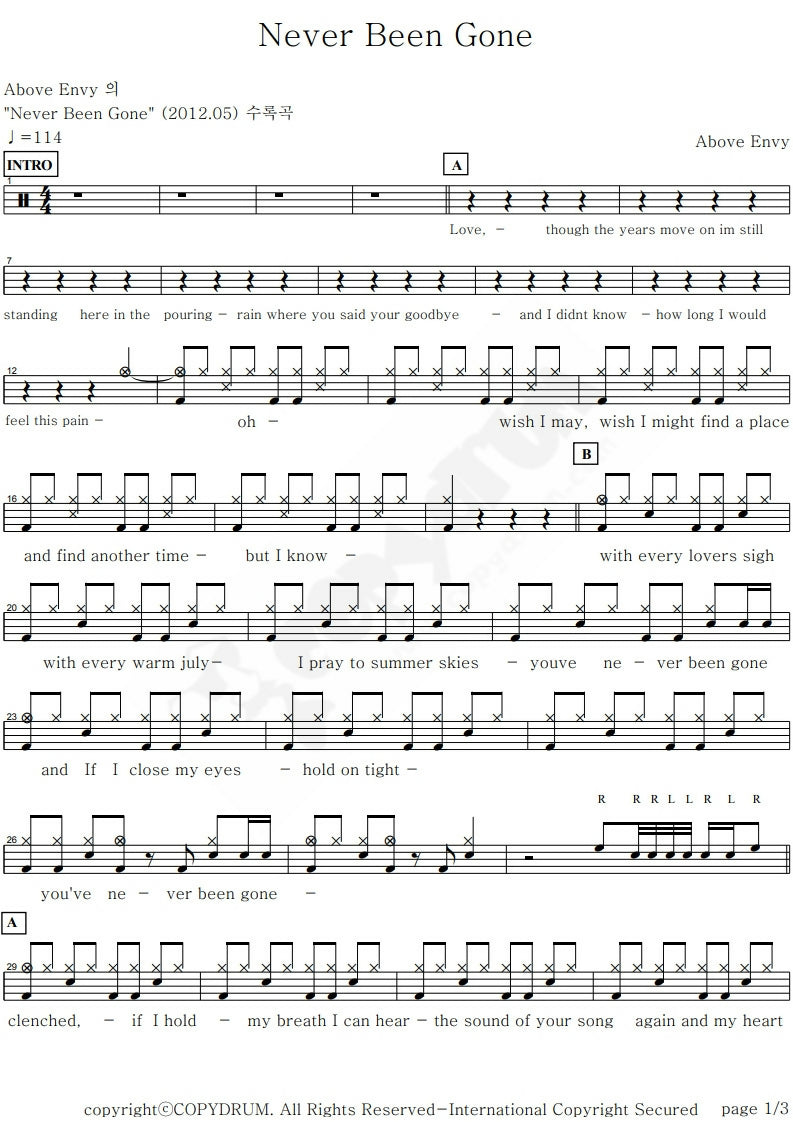 Never Been Gone - Above Envy - Drum Sheet Music - COPYDRUM ...