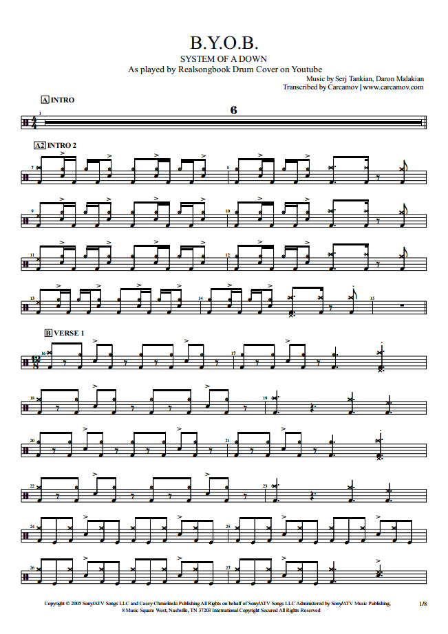 B.Y.O.B. - System of a Down - Drum Sheet Music - Realsongbook ...