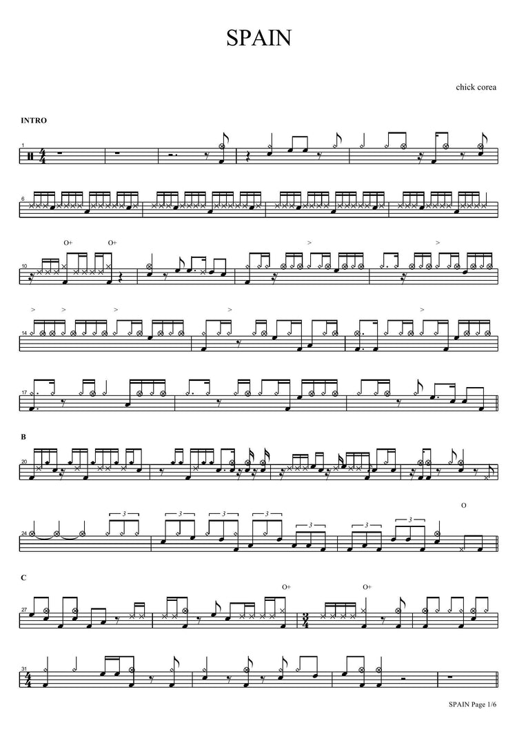Spain - Chick Corea - Drum Sheet Music - COPYDRUM – DrumSetSheetMusic