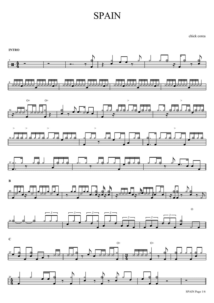Spain - Chick Corea - Drum Sheet Music - COPYDRUM – DrumSetSheetMusic