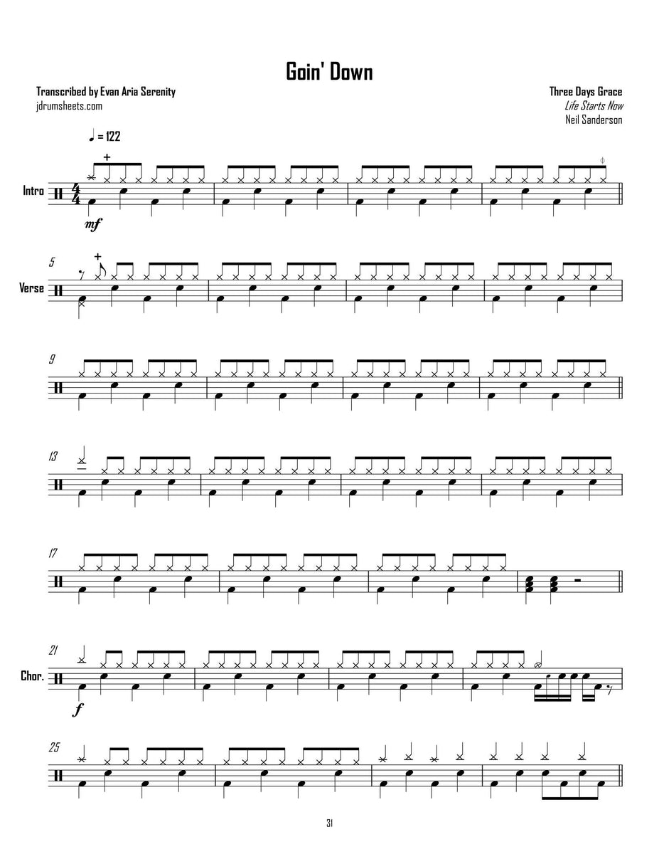 Goin' Down - Three Days Grace - Drum Sheet Music - Jaslow Drum Sheets ...